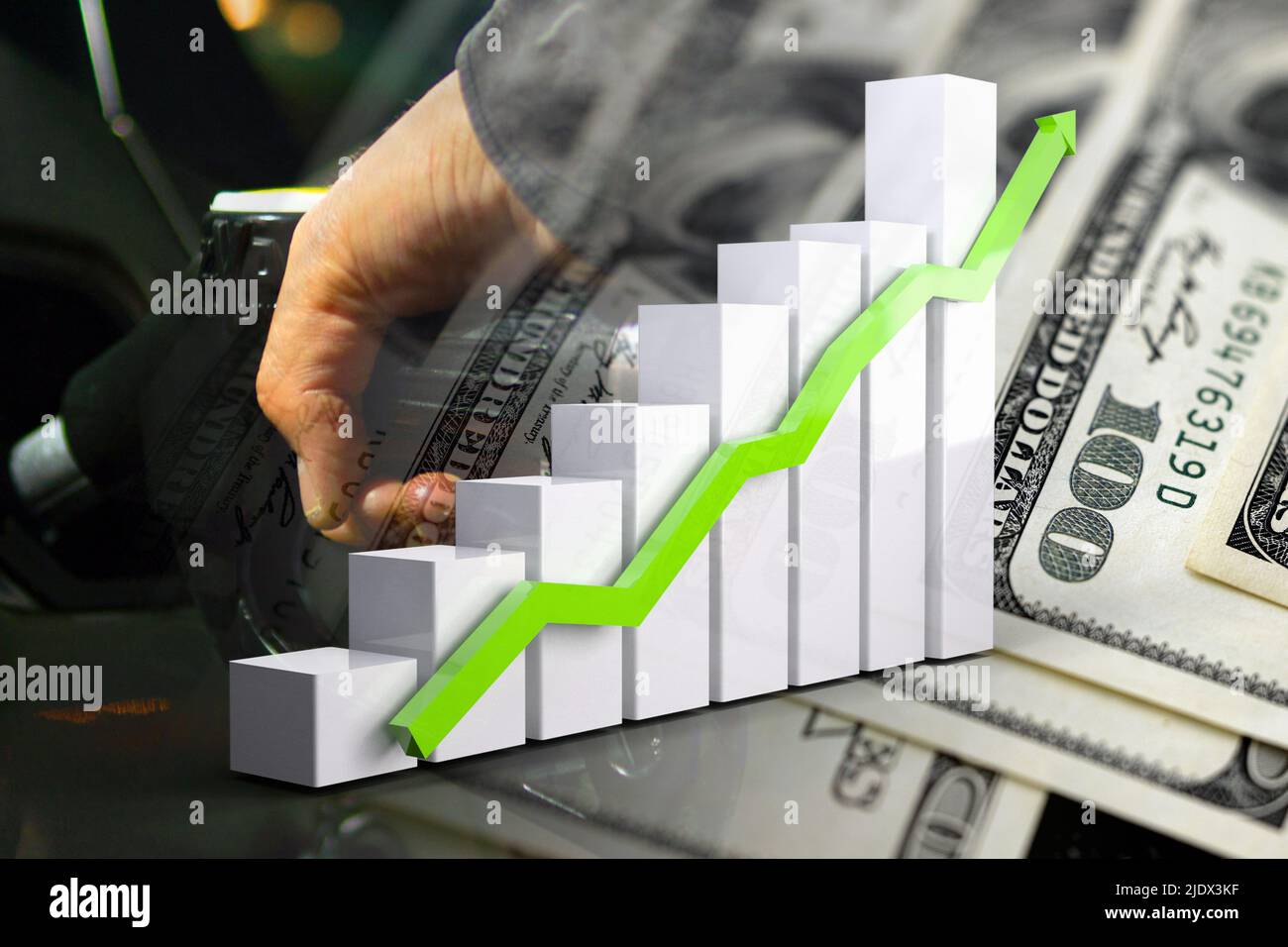 Economy graph: rising arrow, gas pump and cash dollars. Rising gasoline ...
