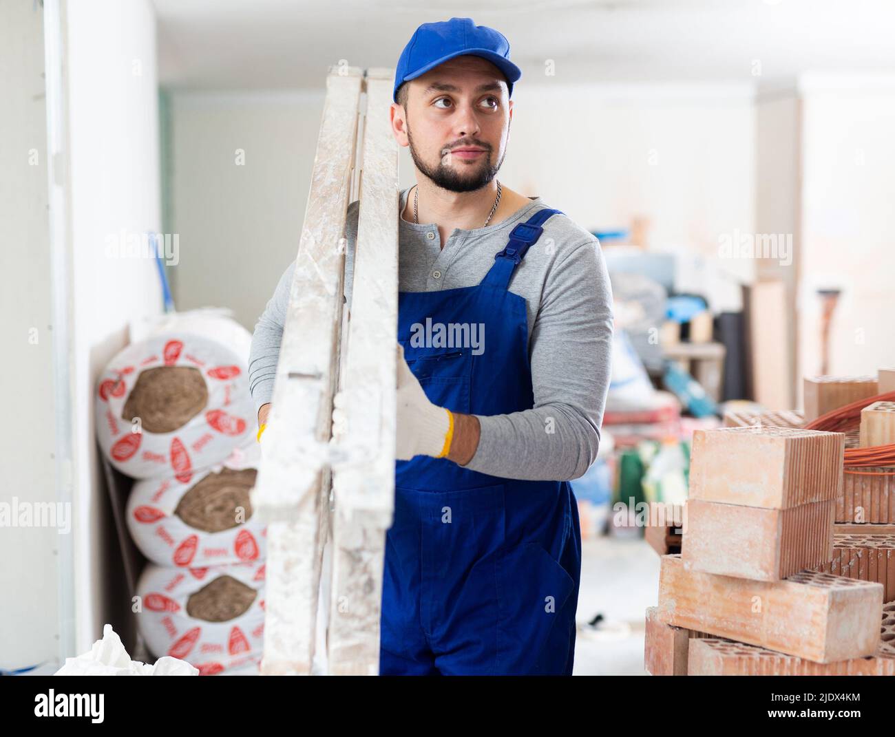 Construction worker carrying ladder at renovating object Stock Photo ...
