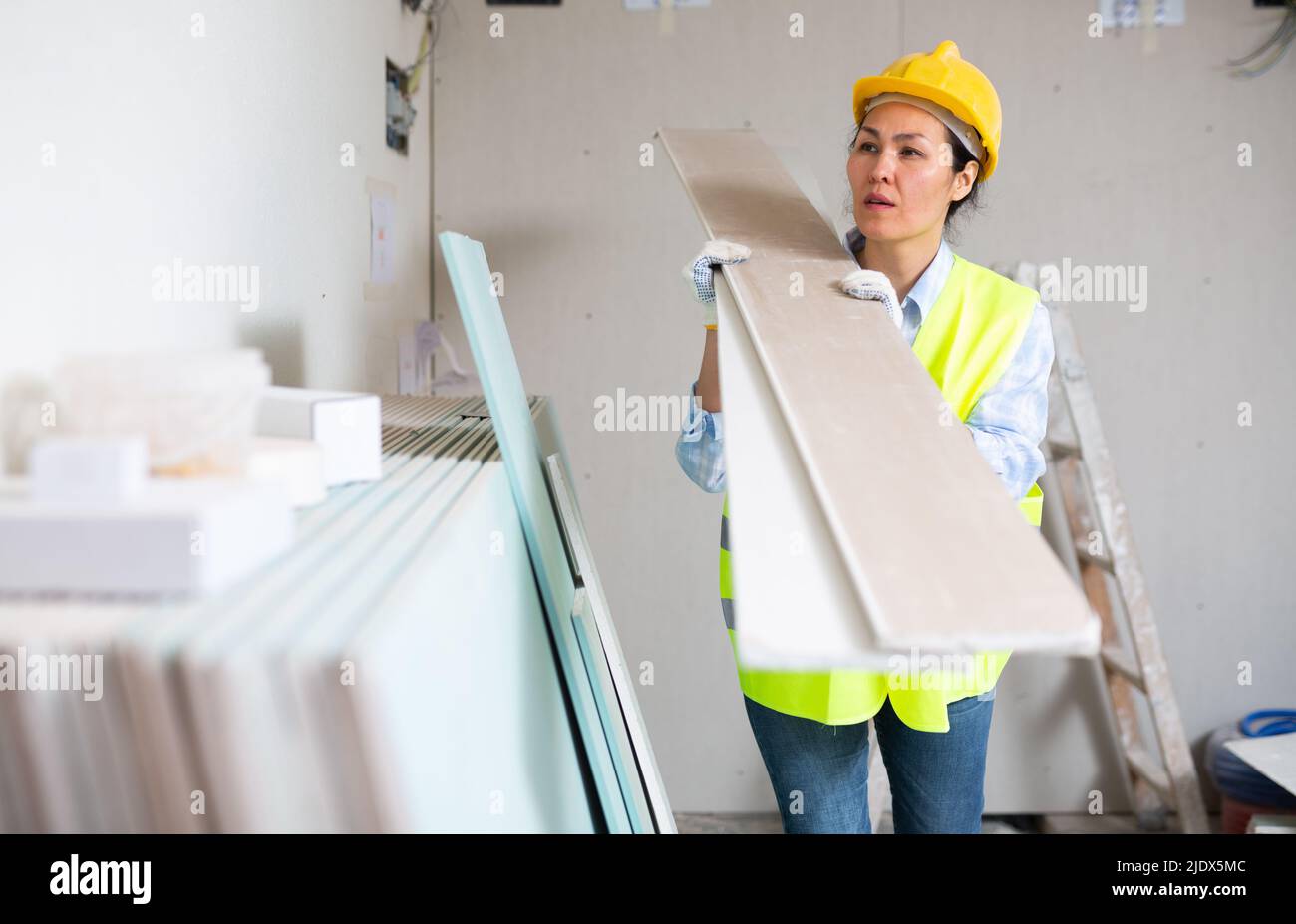 Woman carrying construction materials at renovating object Stock Photo ...