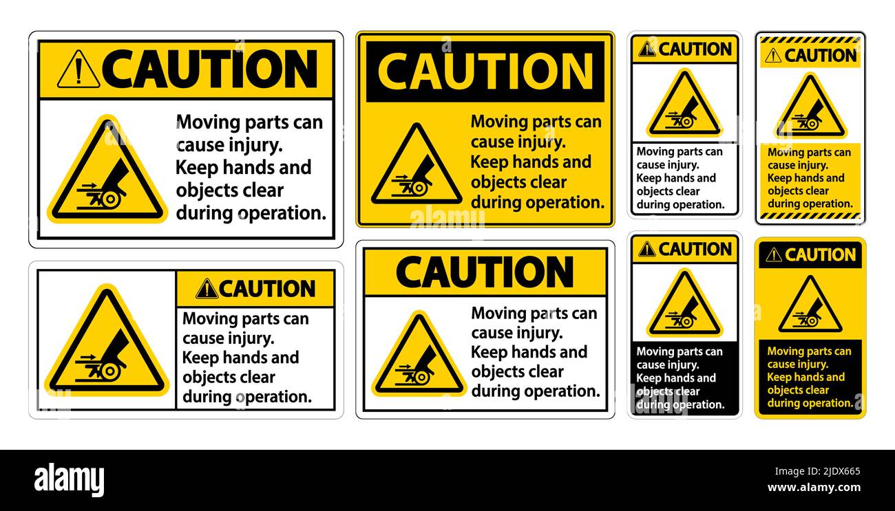 Caution Moving parts can cause injury sign on white background Stock ...