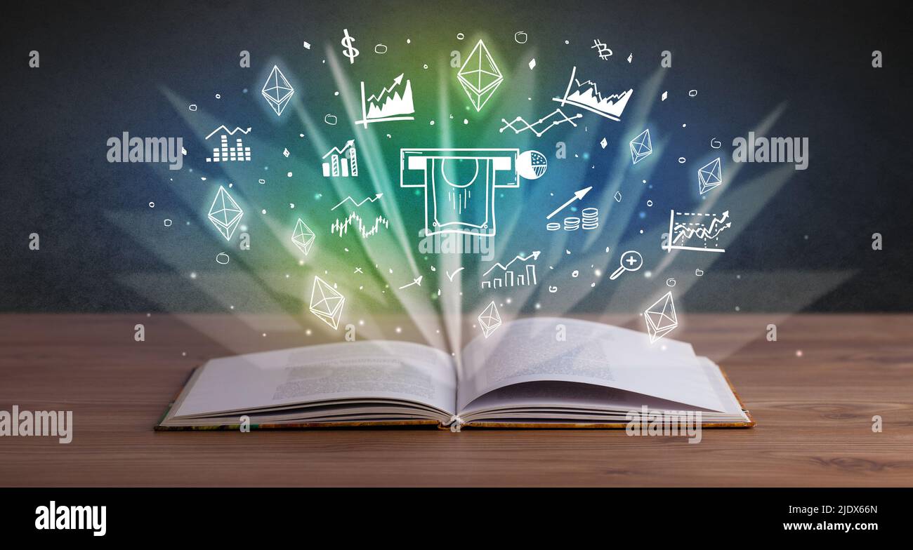 Open book with profit icons above Stock Photo - Alamy