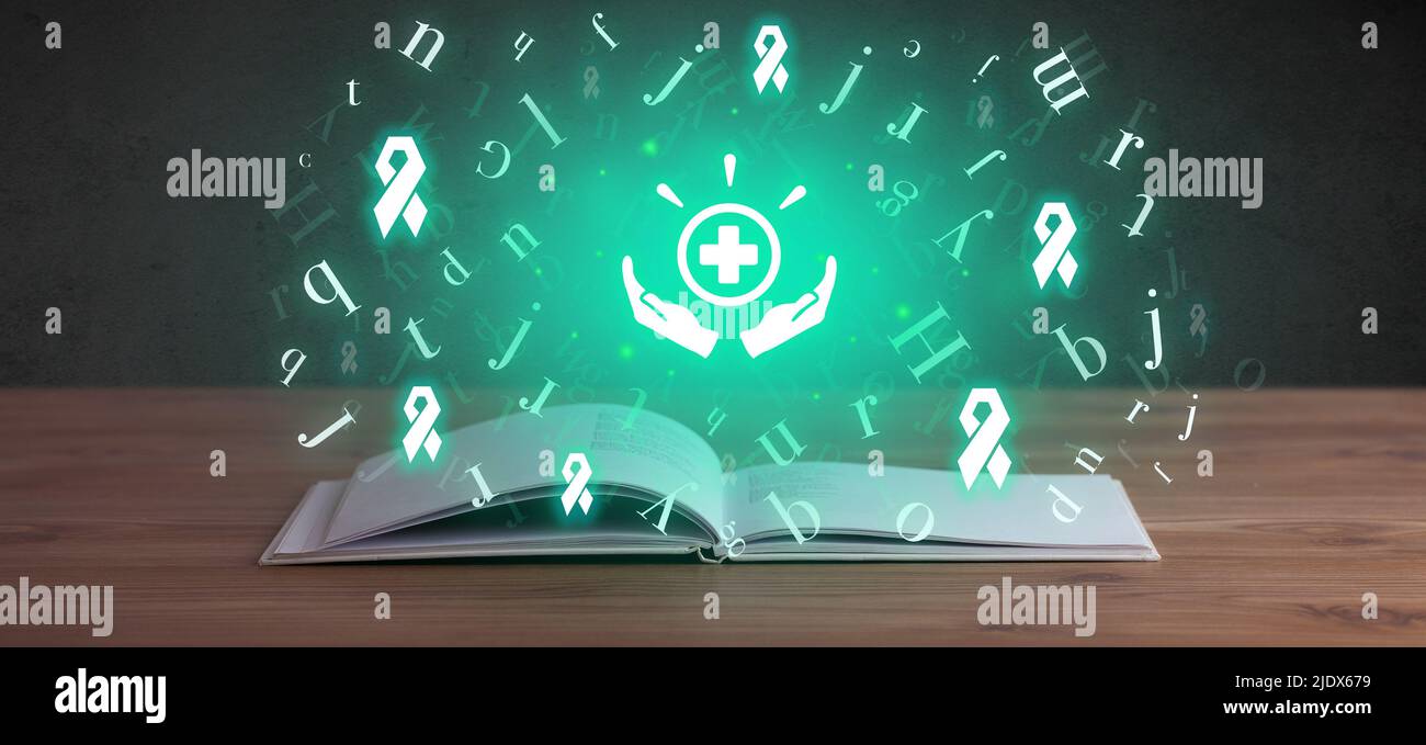 Open medical book with health icons above Stock Photo - Alamy