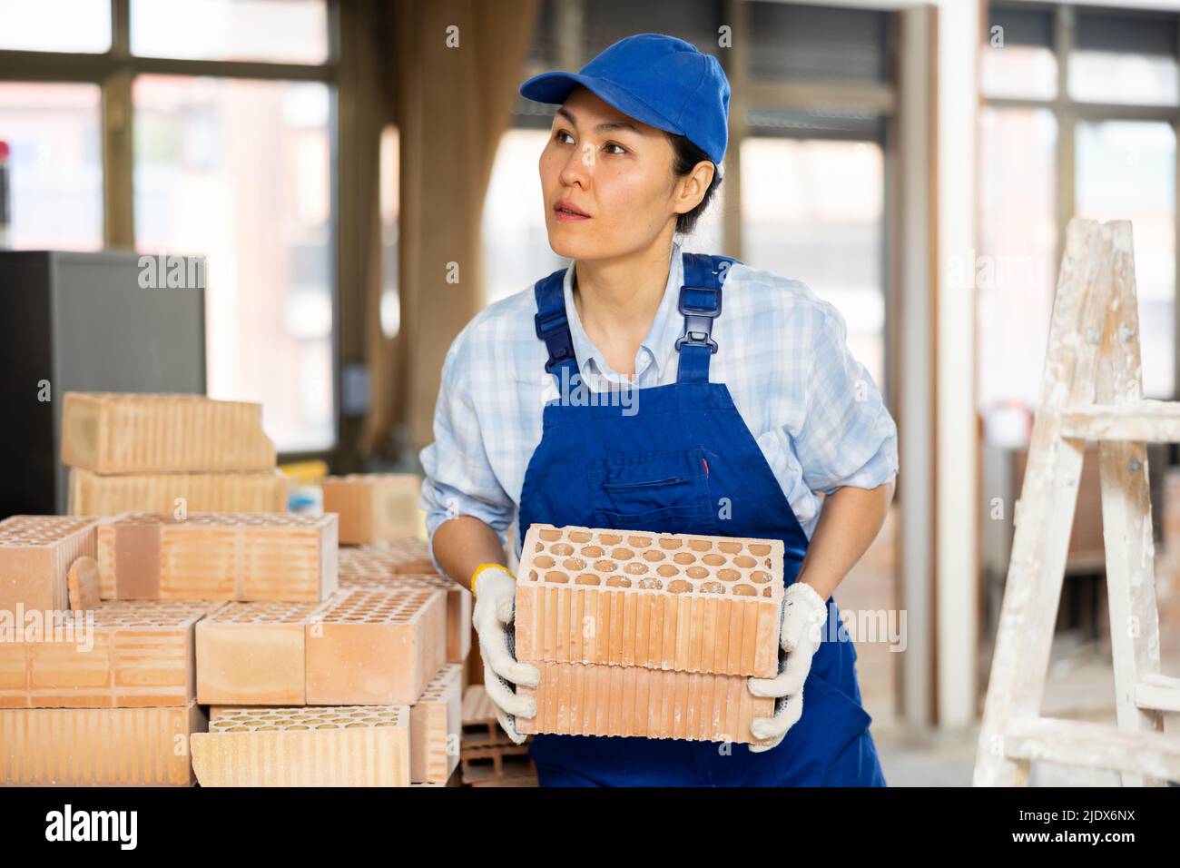 Female builder carrying bricks at renovating object Stock Photo - Alamy