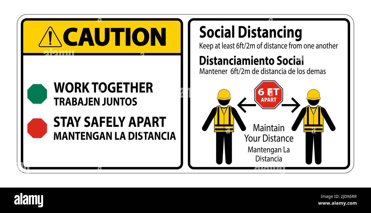 Caution Bilingual Social Distancing Construction Sign Isolate On White ...