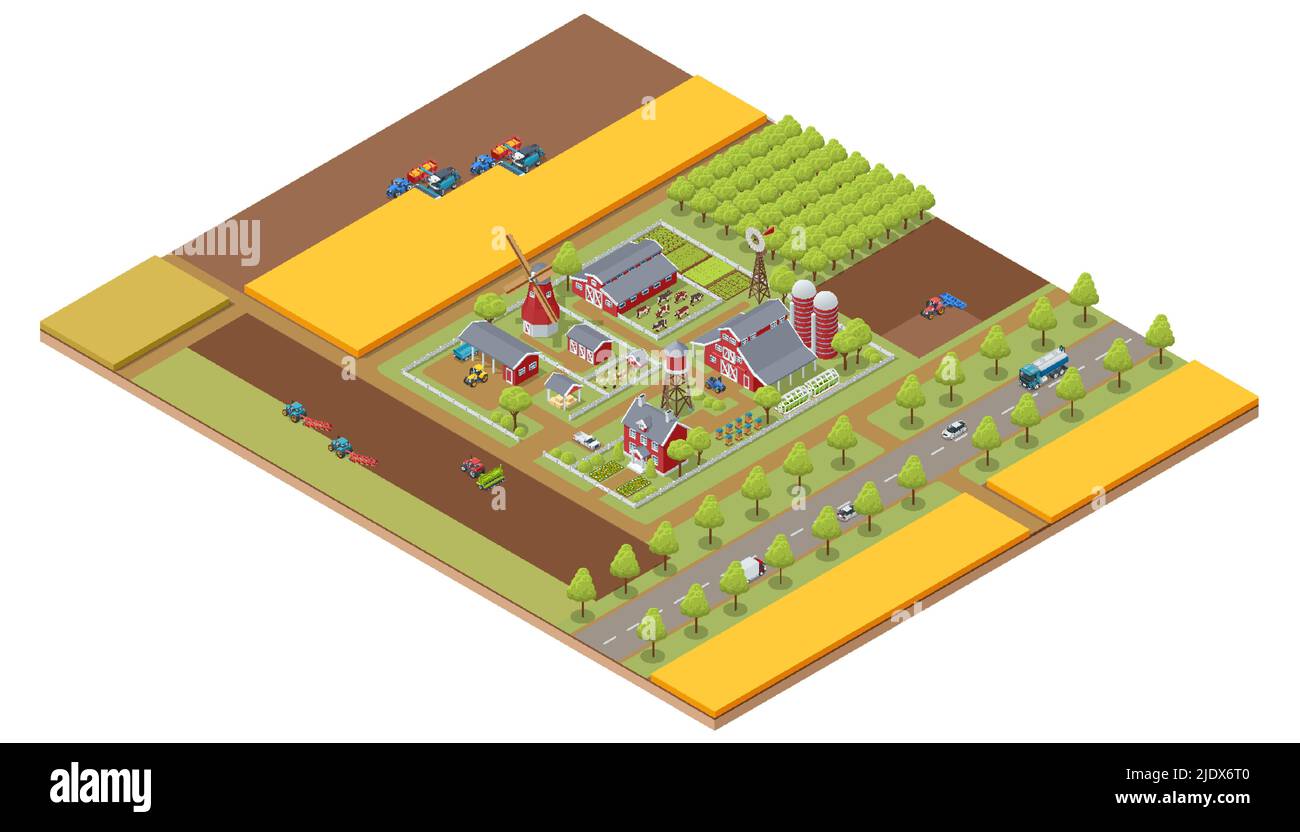 Isometric agricultural farm buildings, windmill barn and silo sheds hay ...