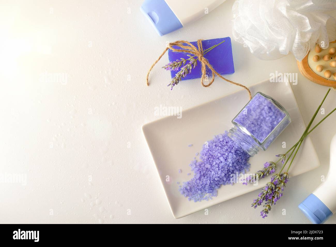 Background with shower products with lavender extract with elements for ...