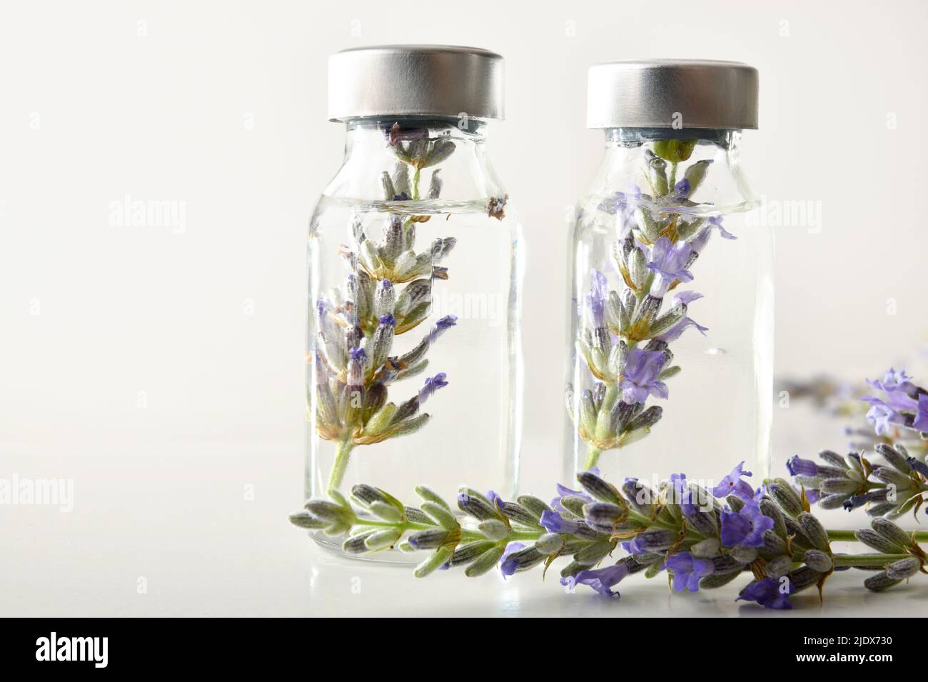 Vials with lavender essence with liquid and sprig of lavender and ...
