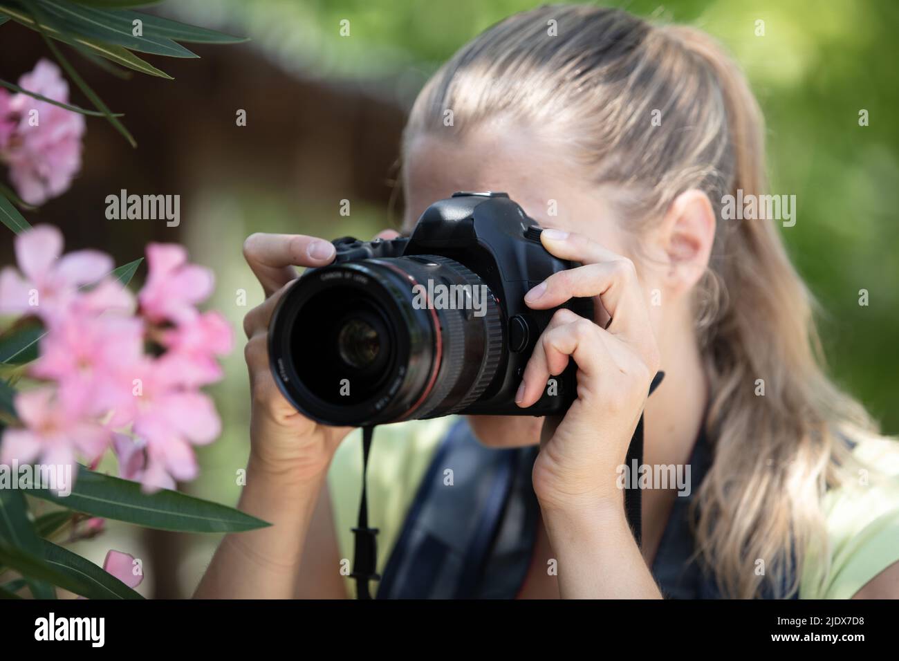 beautiful woman taking photographs of tulips in a spring garden Stock ...