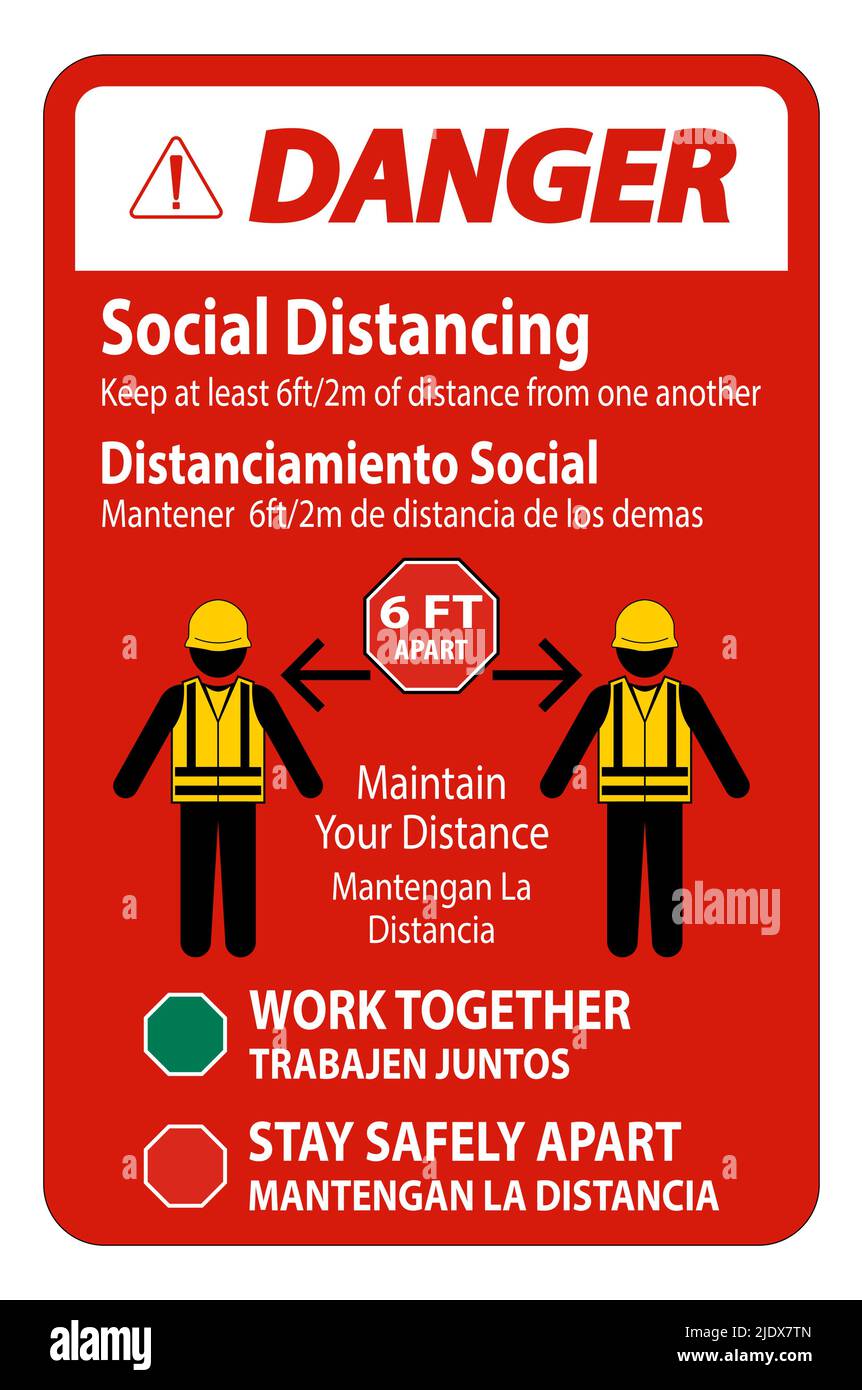 Danger Bilingual Social Distancing Construction Sign Isolate On White ...