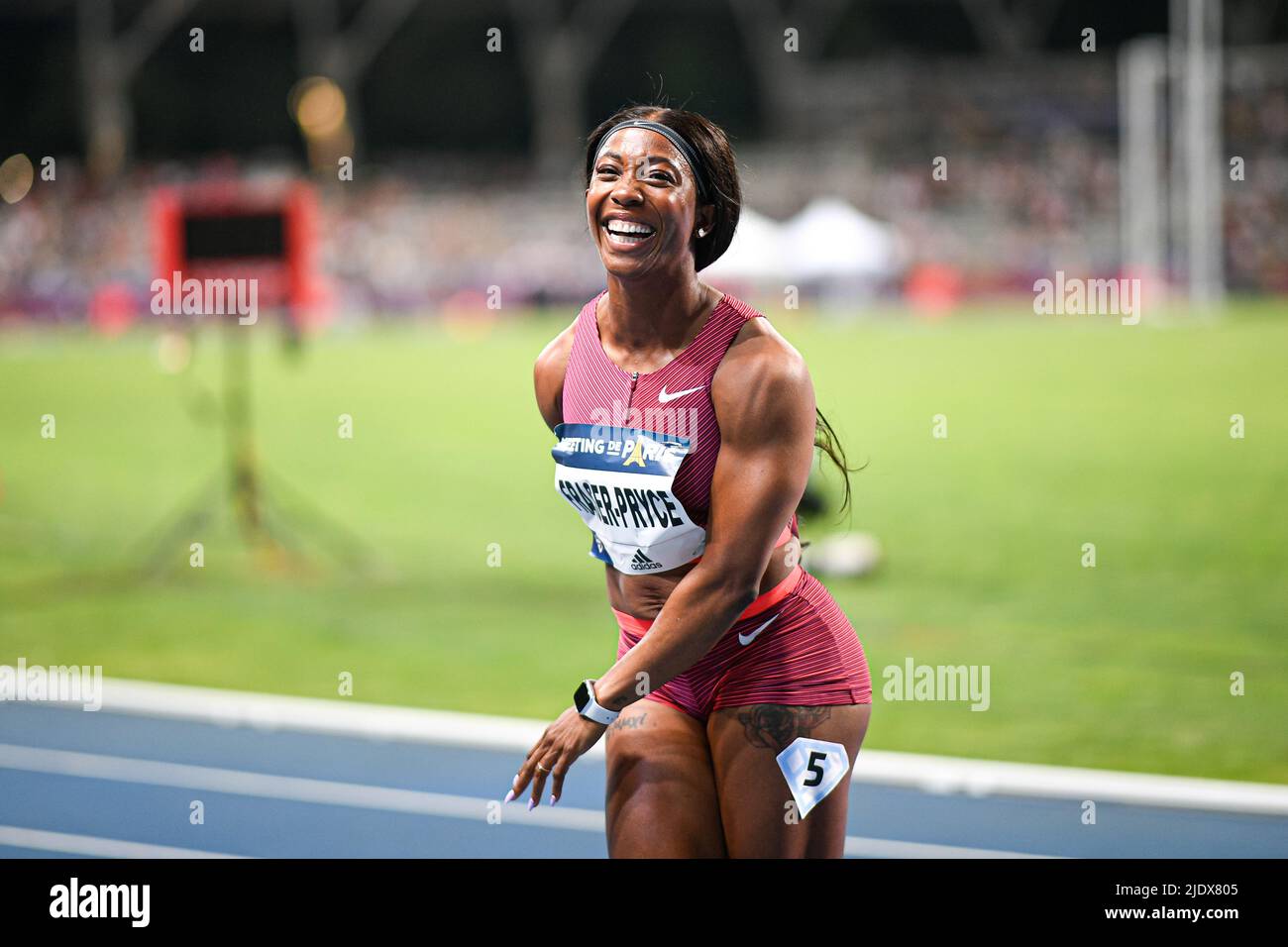 Shelly-Ann Fraser-Pryce of Jamaica wins the women's 100m during the Wanda Diamond League 2022 ...