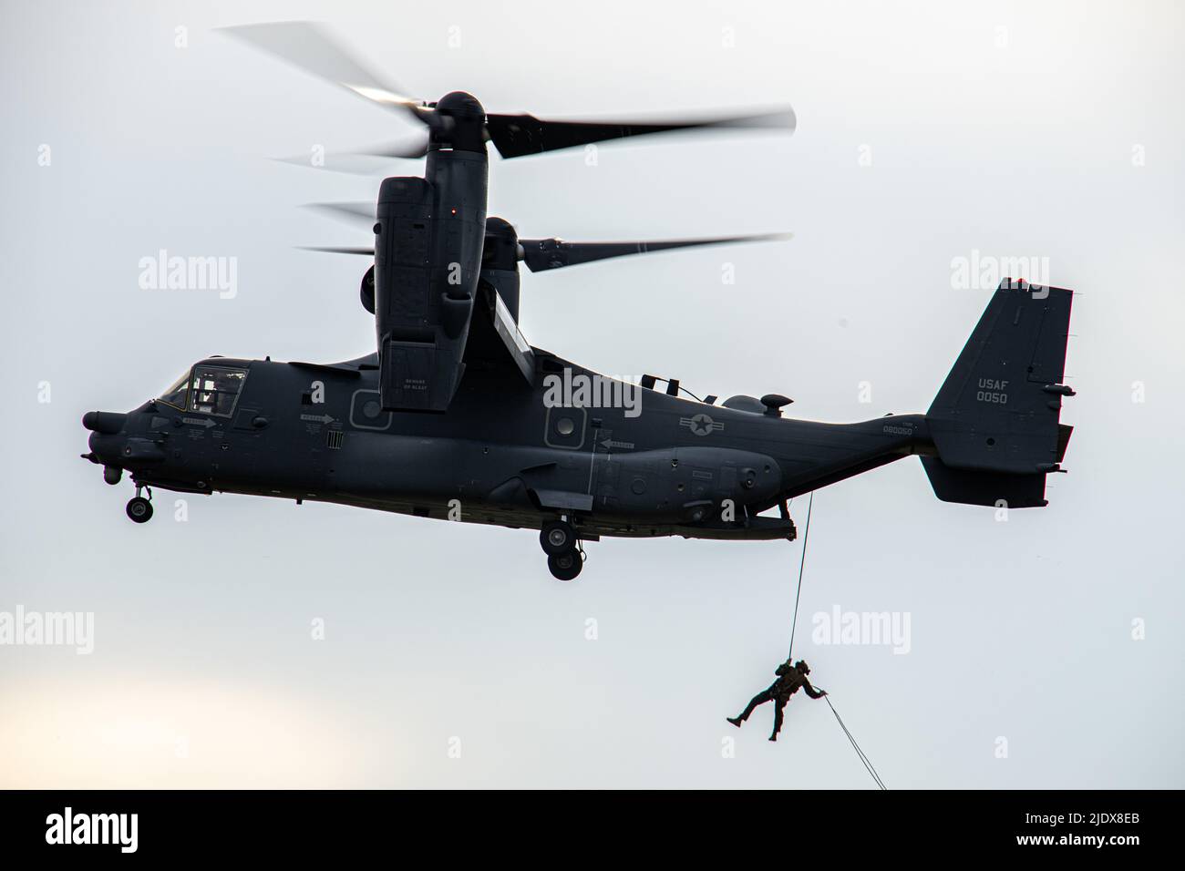 A U.S. Marine with 2d Reconnaissance Battalion attached to Task Force 61/2 rappels from a CV-22 ...