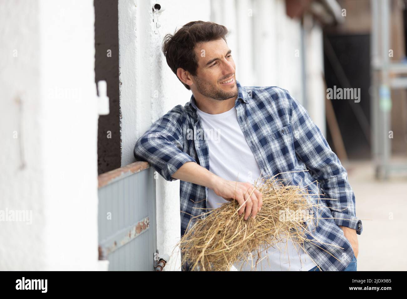 happy man holding a straw bale Stock Photo - Alamy