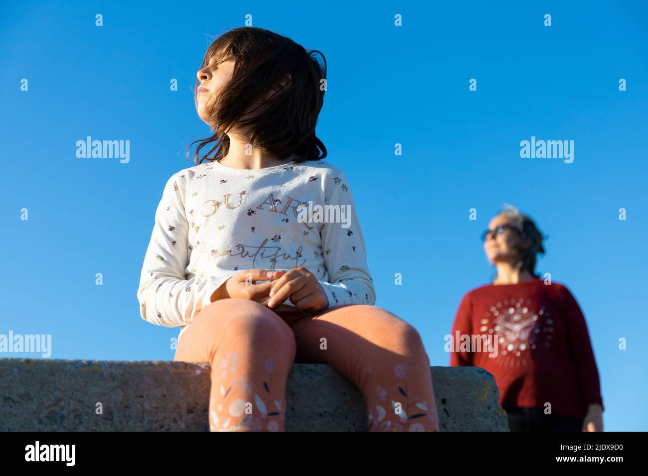 artistic portrait of a girl and her mother looking towards the sun on a ...