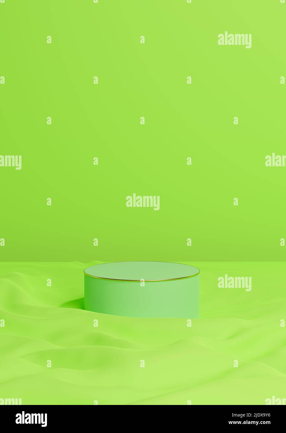 Bright, neon green 3D rendering minimal product display one luxury cylinder podium or stand on ...
