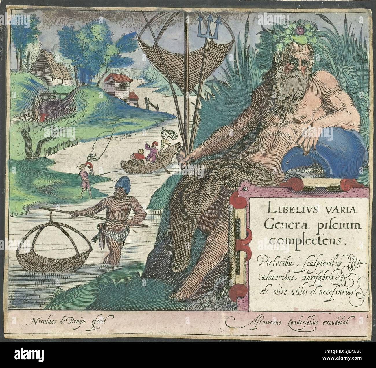 Title print with title and river god with trident and fishing net in ...