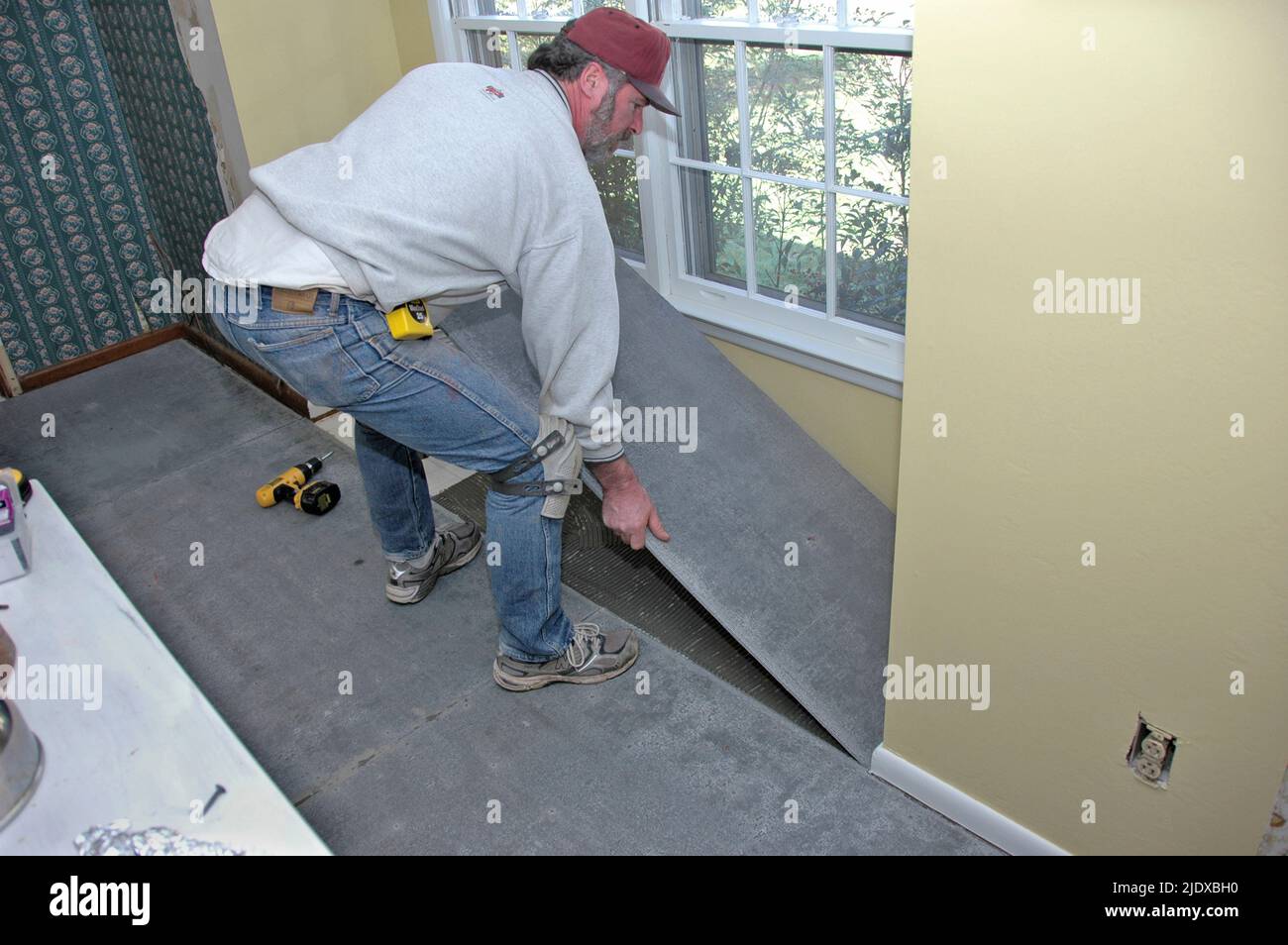 Do it yourself home owner Putting down underflooring and mastic and ...
