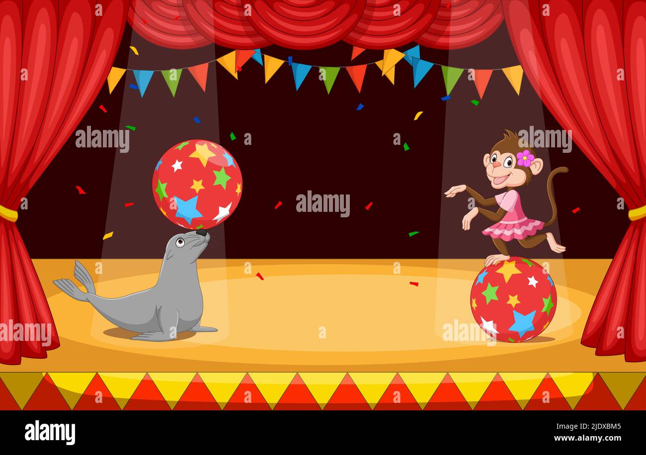 Cartoon seal and monkey performing ball balance on stage Stock Vector ...