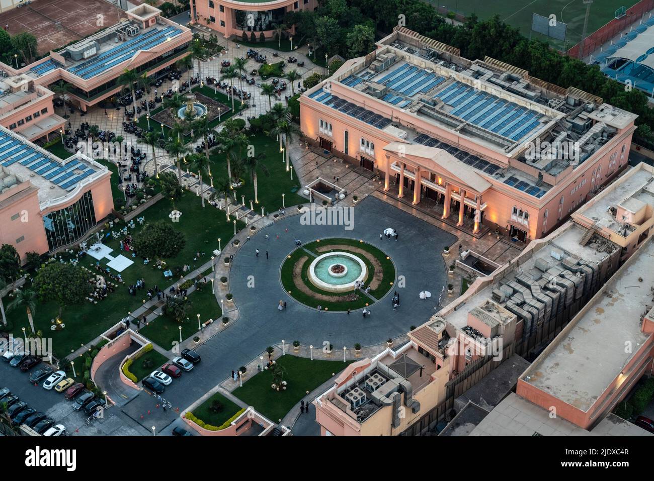 Elevated view circular town square fountain center hi-res stock ...