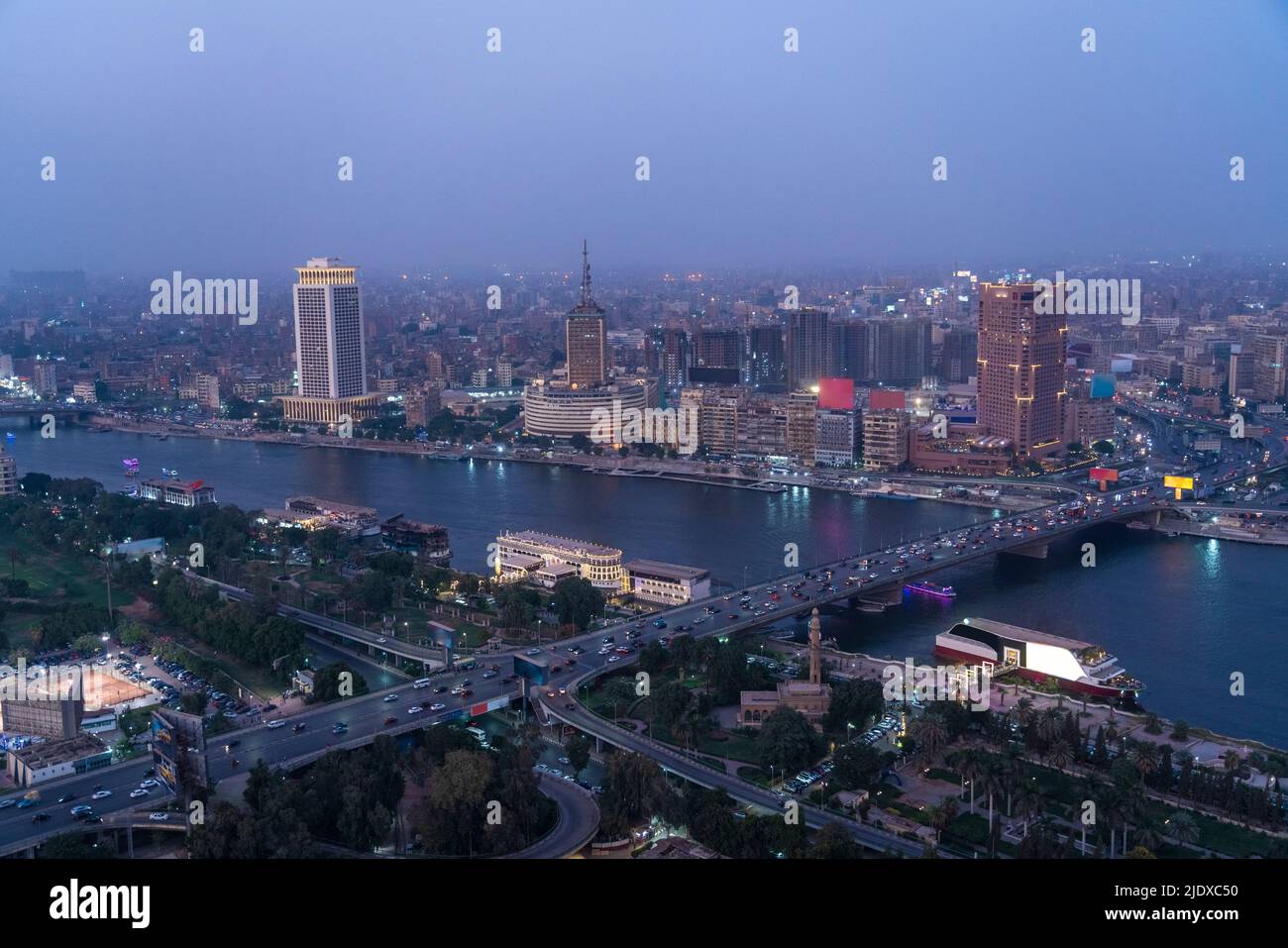 Egypt, Cairo, River Nile, Qasr El Nil Bridge and surrounding downtown ...