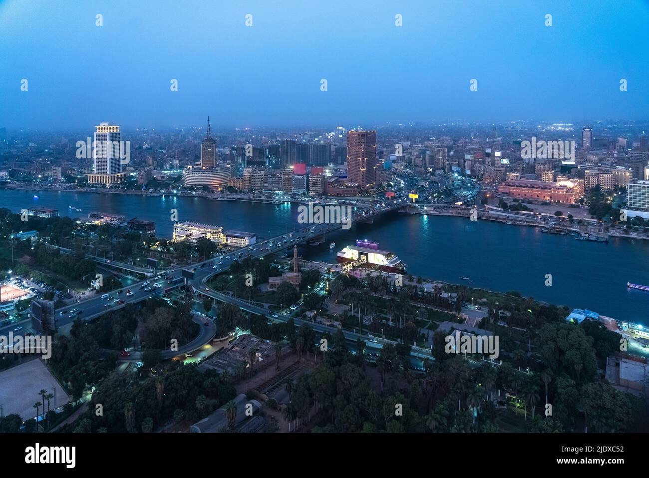 Egypt, Cairo, River Nile, Qasr El Nil Bridge and surrounding downtown ...