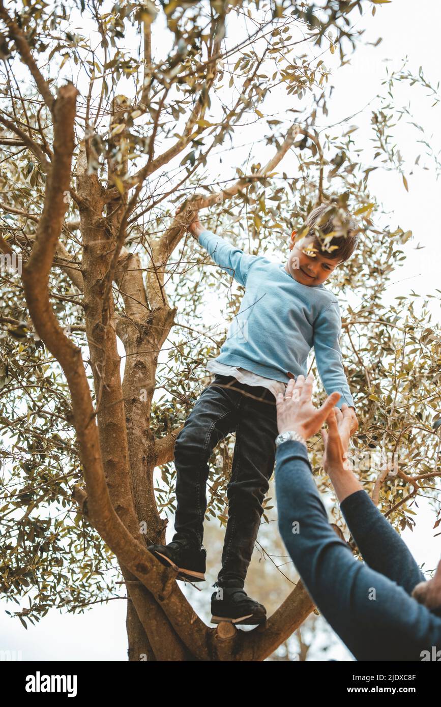 Child climbing tree father hi-res stock photography and images - Alamy