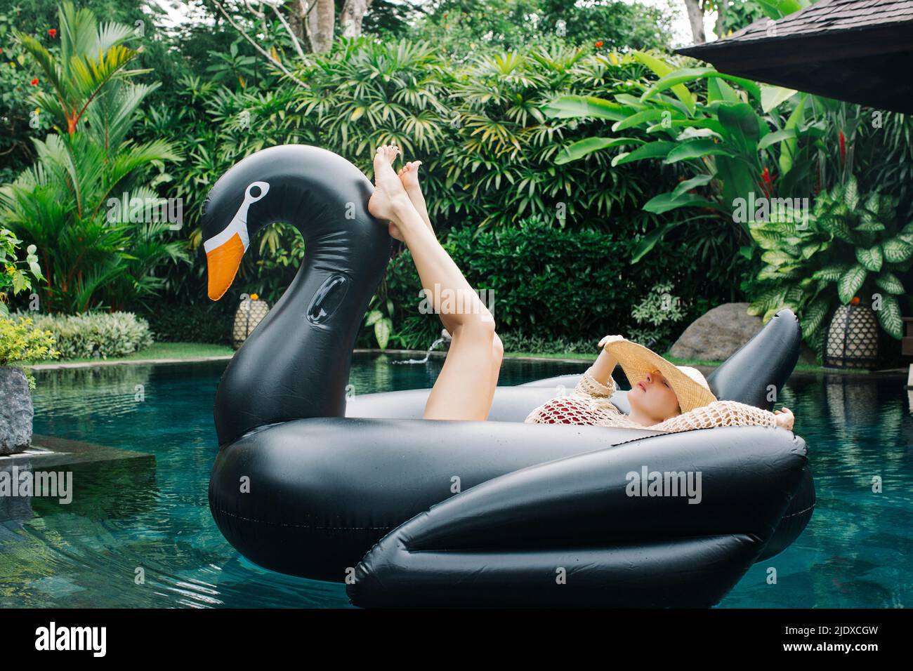 Young woman relaxing on swan shaped swimming float Stock Photo - Alamy