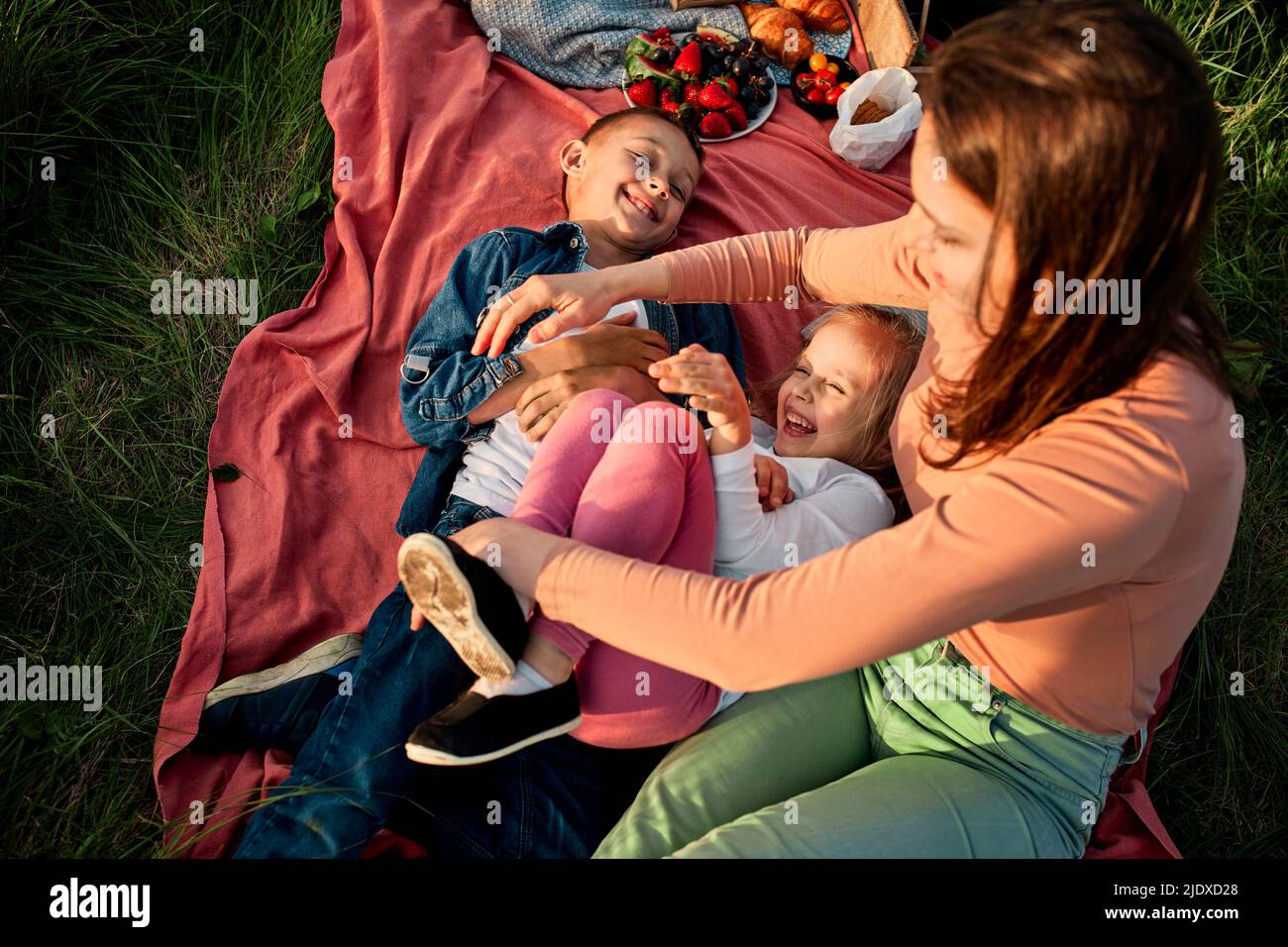 Mother tickling children lying on picnic blanket in field Stock Photo ...