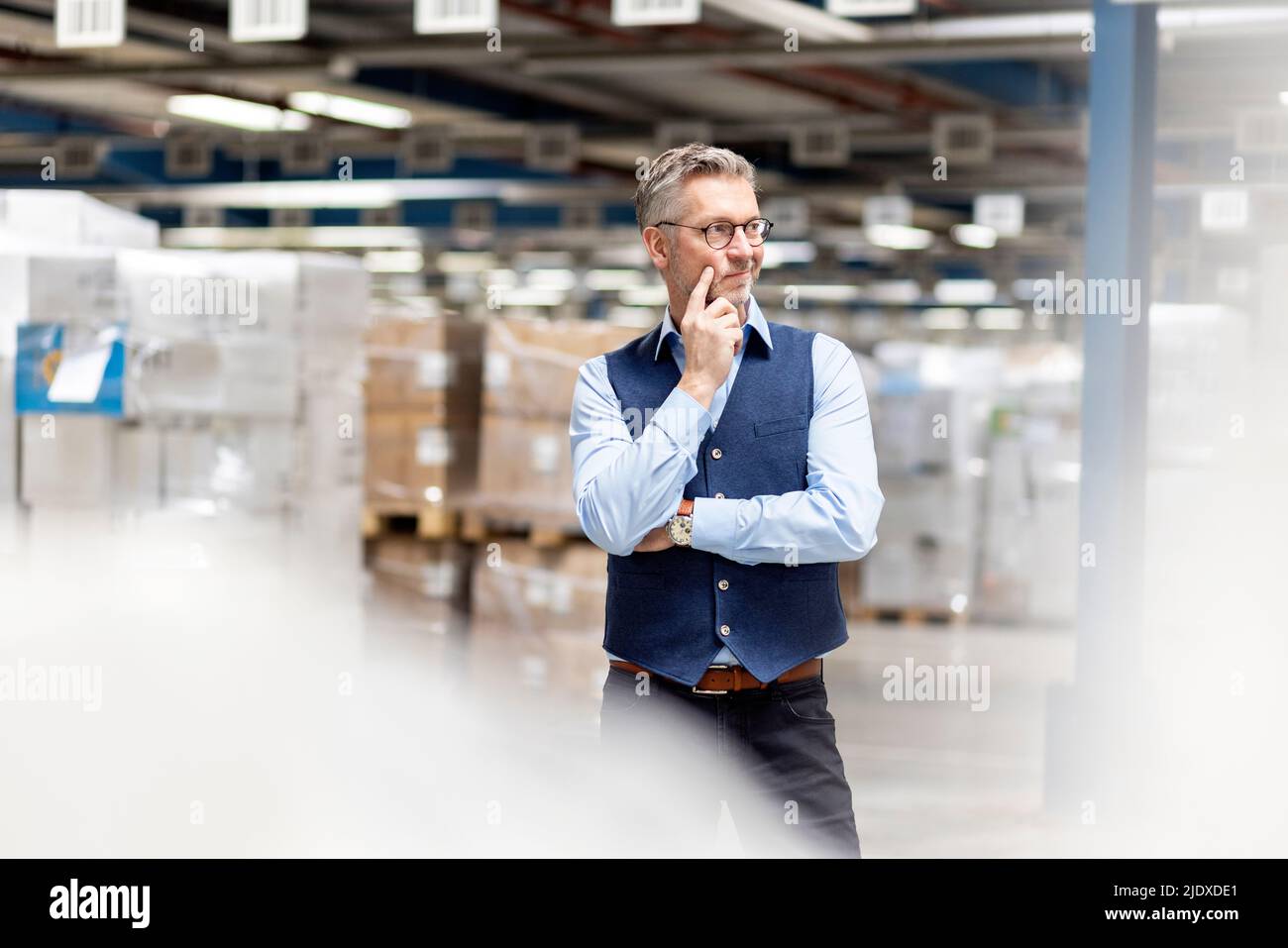 Thoughtful manager with hand on cheek standing in warehouse Stock Photo ...