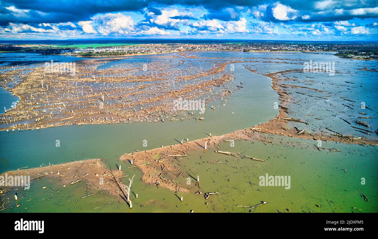 Aerial view of Lake Mulwala NSW as water drains out to allow weeds to ...