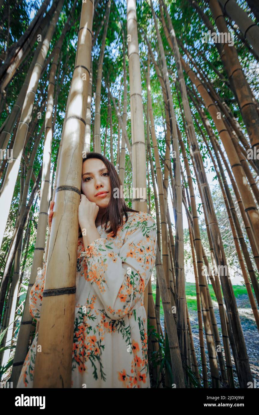 Contemplative young woman standing in bamboo grove Stock Photo - Alamy