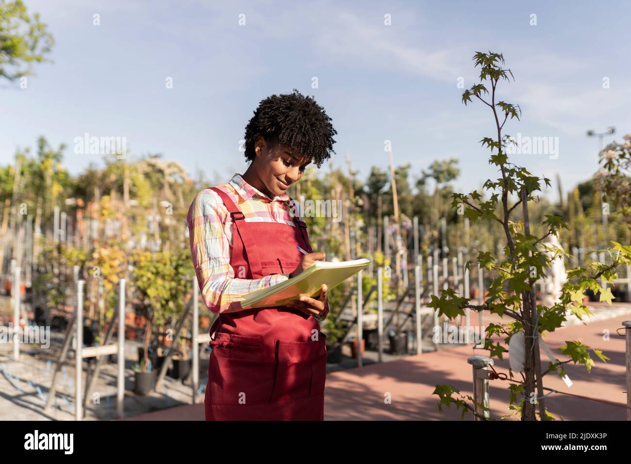 Smiling gardener preparing checklist at plant nursery Stock Photo - Alamy