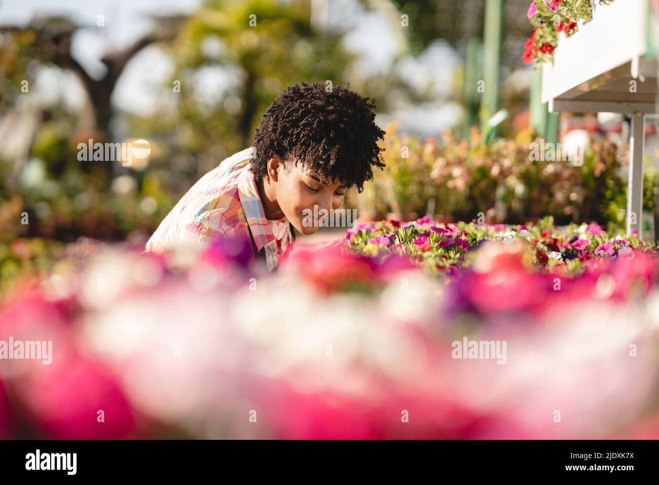 Woman smelling flower nursery hi-res stock photography and images - Alamy