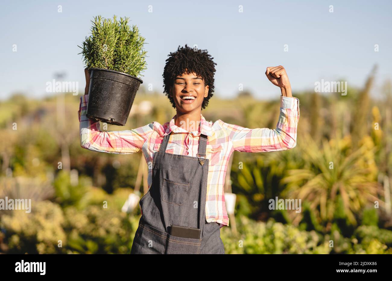 Confident gardener holding potted plant flexing muscles at nursery ...