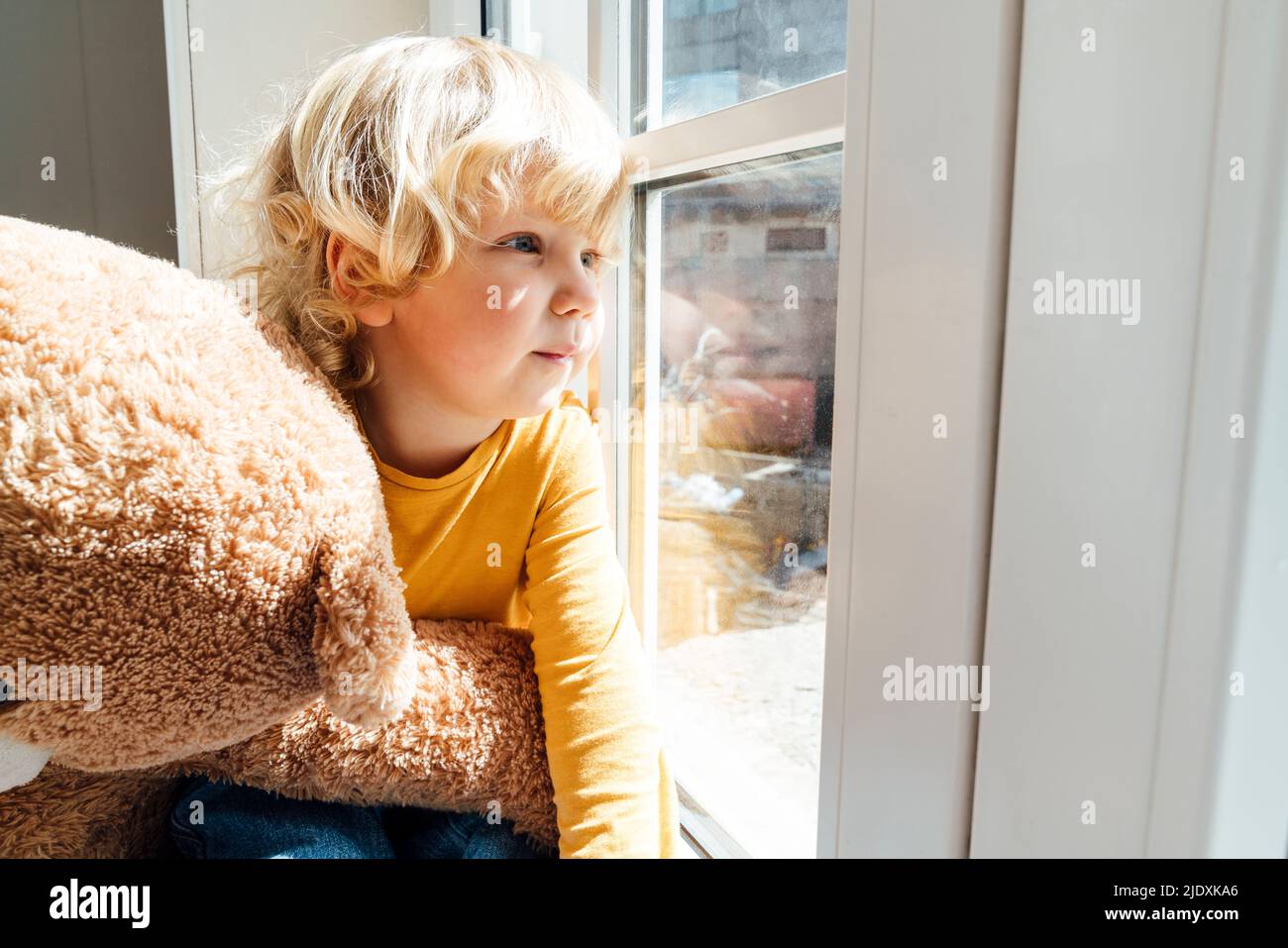 Cute boy with soft toy looking through window at home Stock Photo - Alamy