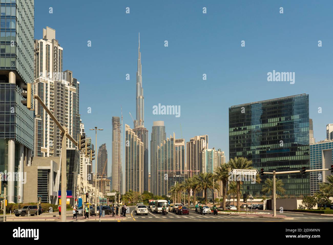 United Arab Emirates, Dubai, Busy street in Business Bay district with ...
