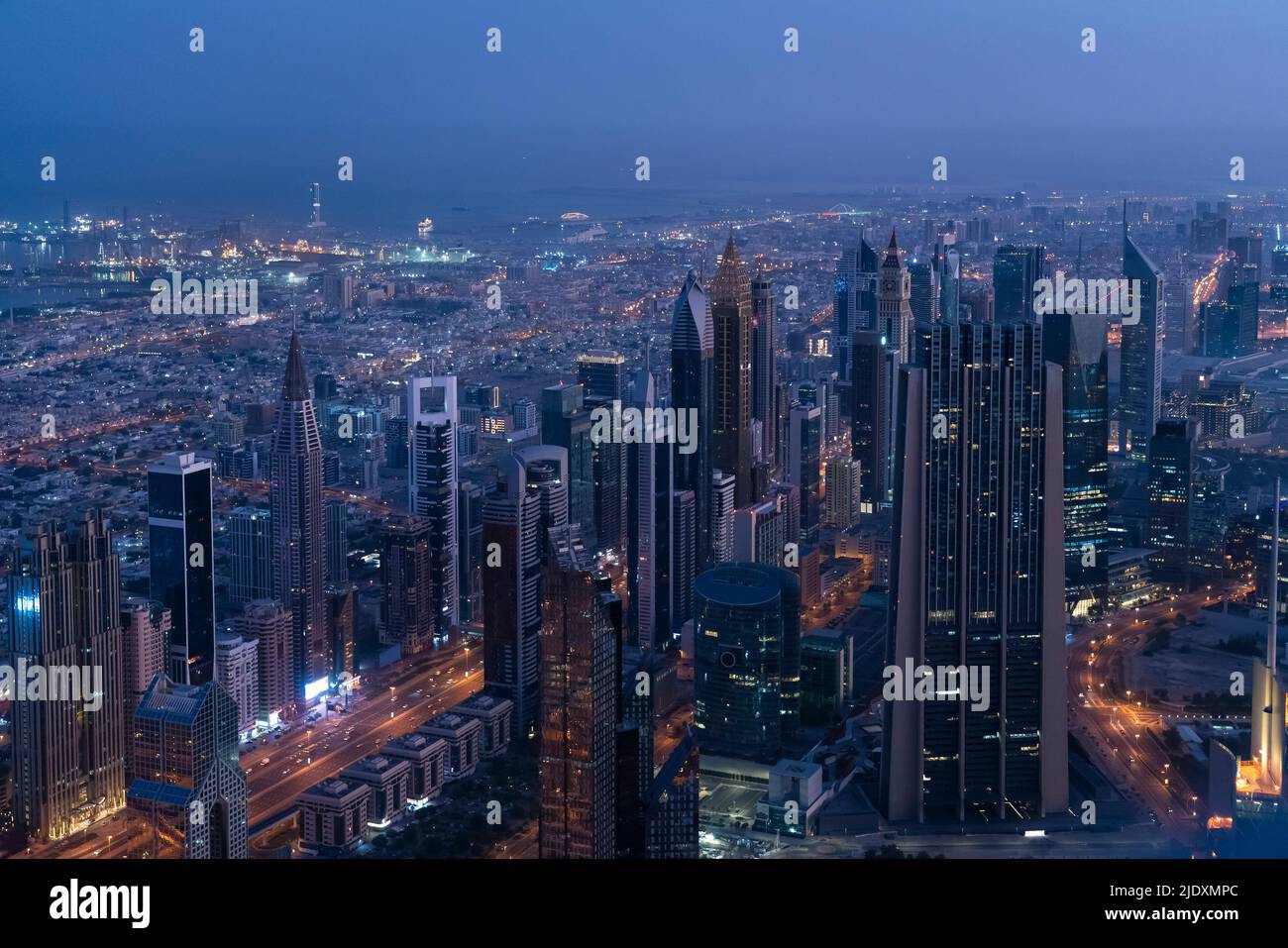 United Arab Emirates, Dubai, Elevated view of downtown skyscrapers at ...
