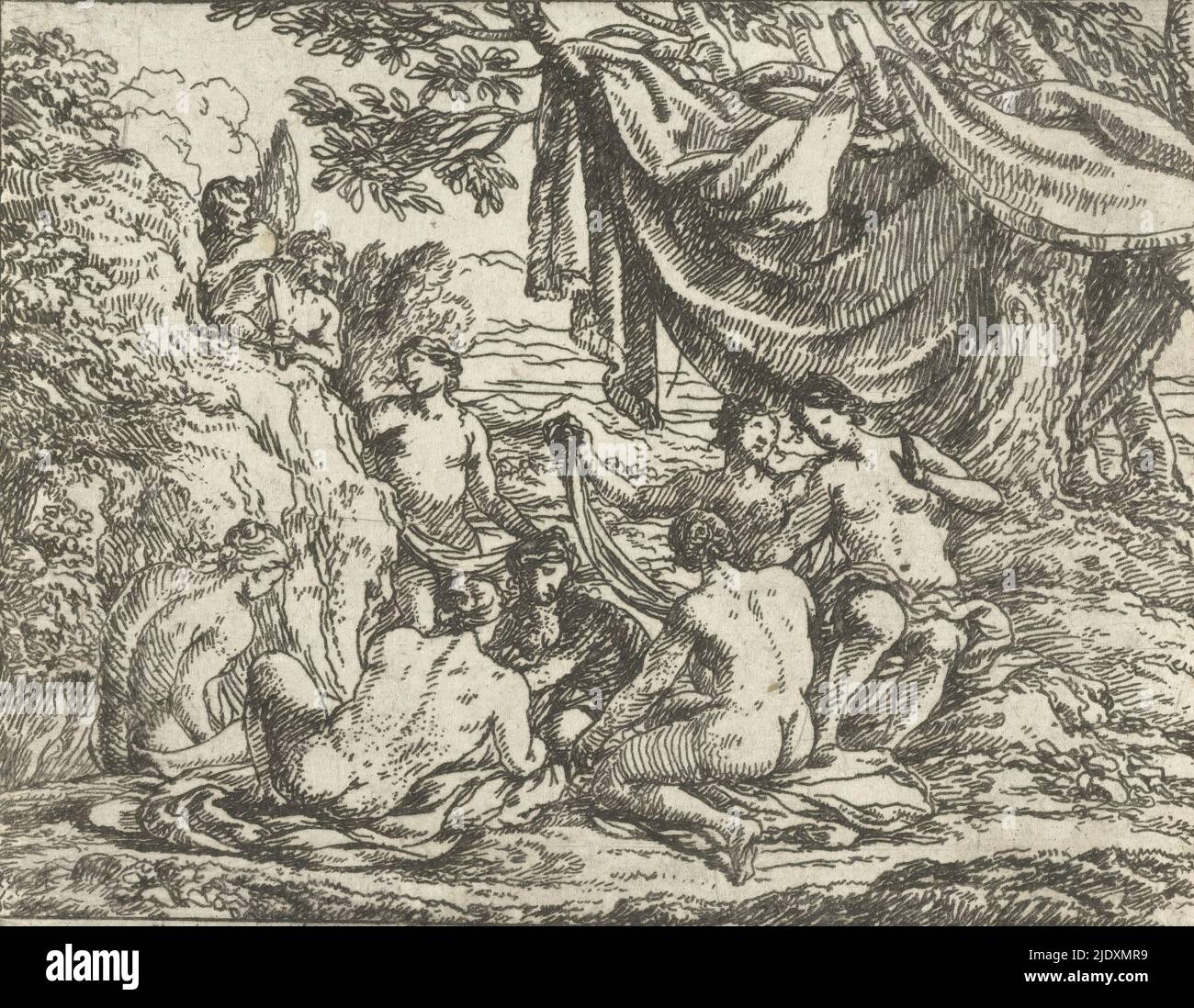 Satyrs and nymphs under a tree, Seven nymphs under a tree over which a ...