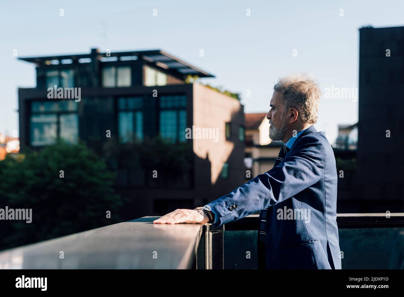 Thoughtful senior businessman standing by railing on office balcony ...