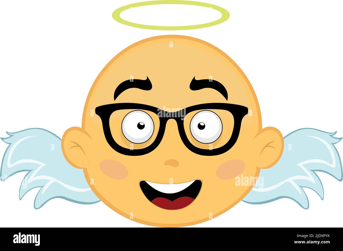 Vector illustration of the face of a yellow cartoon angel, with a happy ...