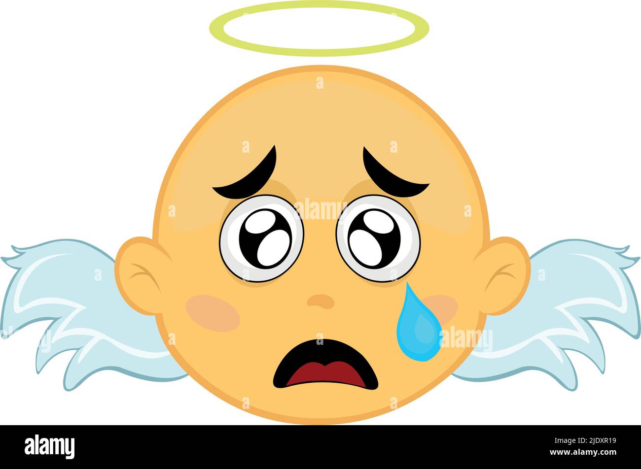 Vector illustration of a cartoon yellow angel face with a sad ...