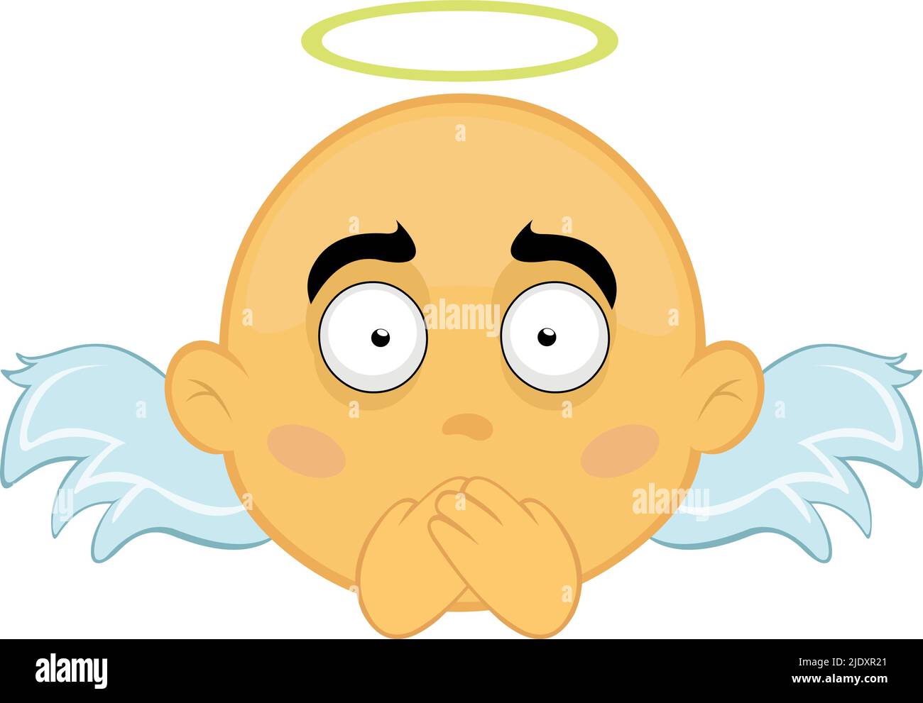 Vector illustration of the face of a yellow cartoon angel, covering his ...