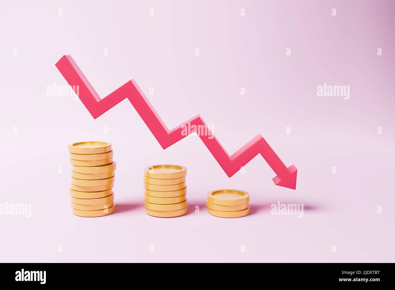 Red down arrow and coin stacks. Financial concept. 3d illustration ...