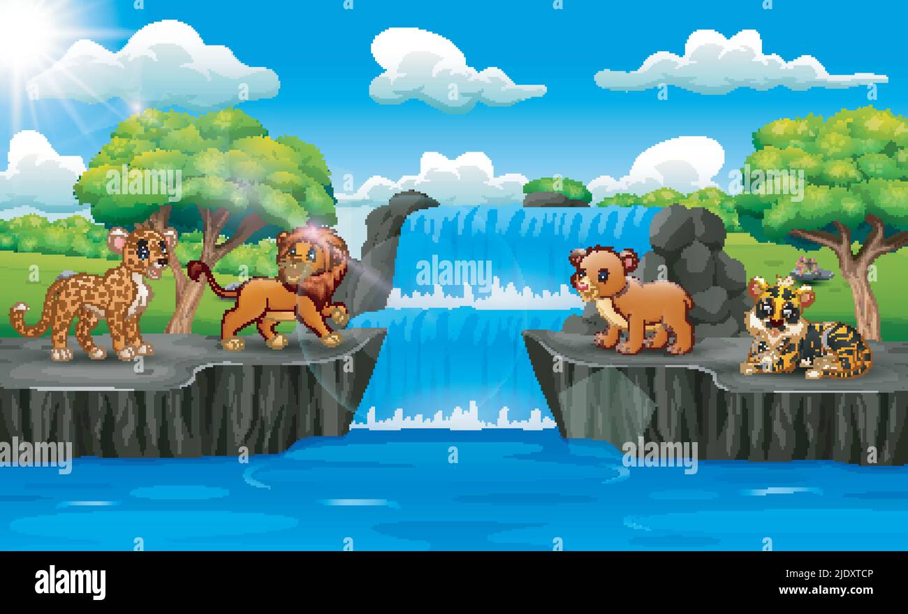 Cute animals with waterfall landscape Stock Vector Image & Art - Alamy