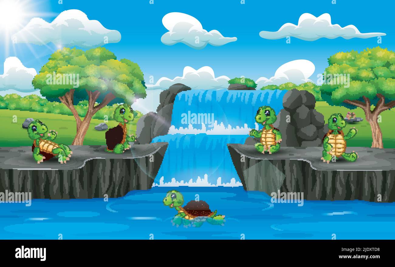 Group of turtle cartoon in waterfall scene Stock Vector Image & Art - Alamy