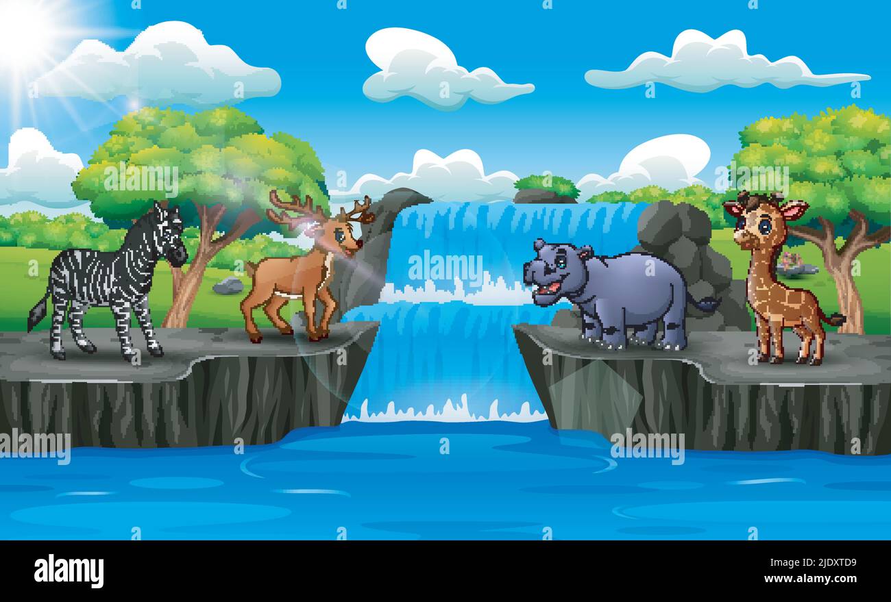 Happy animals enjoying on the waterfall Stock Vector Image & Art - Alamy