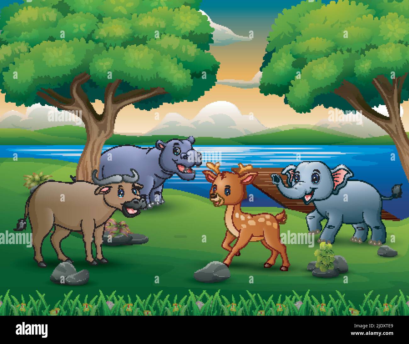 Happy different animal playing the riverside Stock Vector Image & Art ...