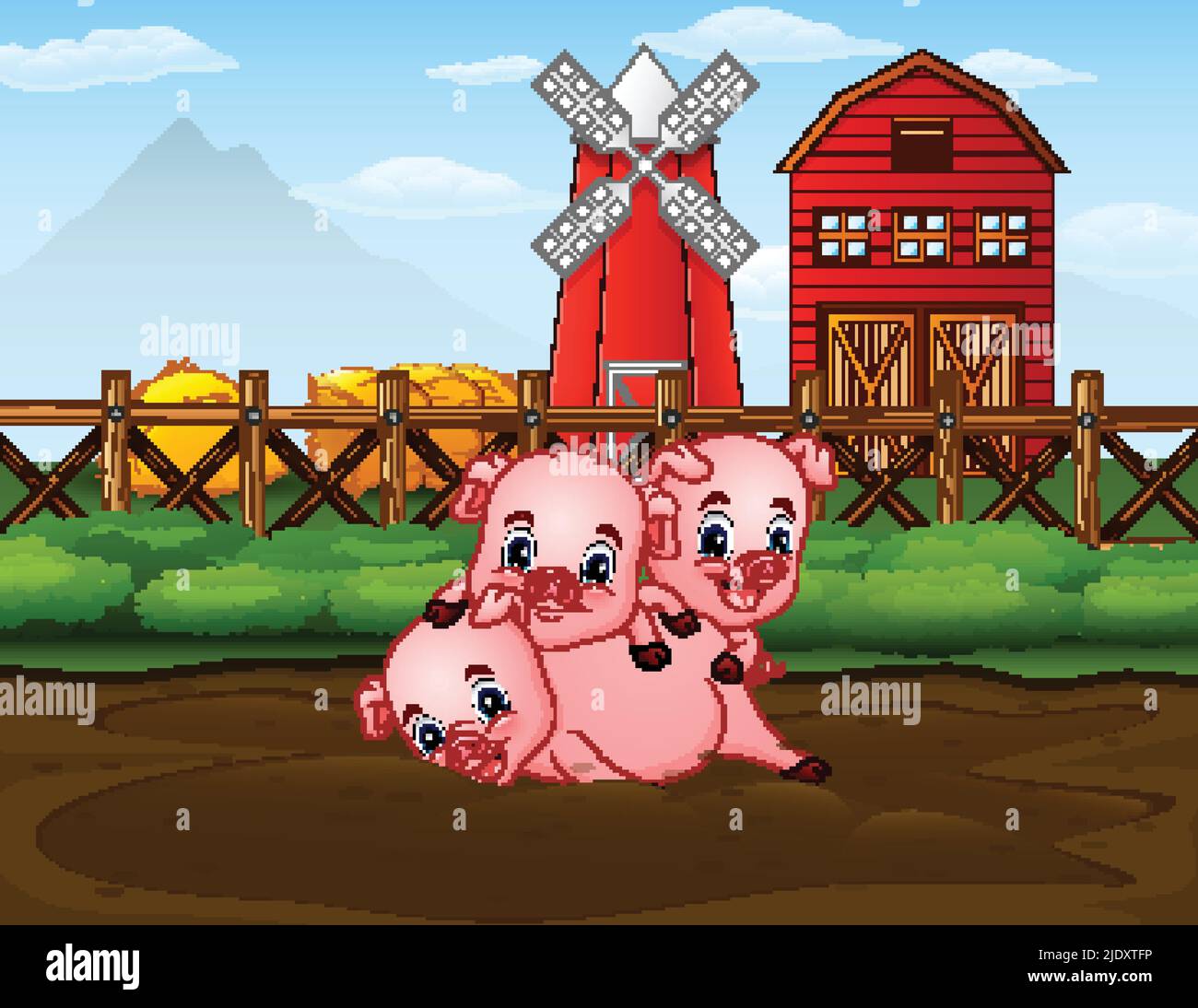 Three pigs playing at the farm with red barnhouse background Stock ...