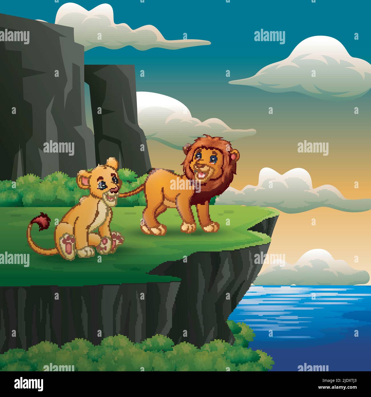 Lions cartoon roaring on the cliff background Stock Vector Image & Art ...