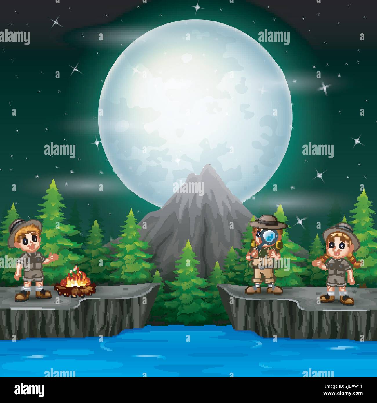 Three explorer children with campfire in the night scene Stock Vector ...