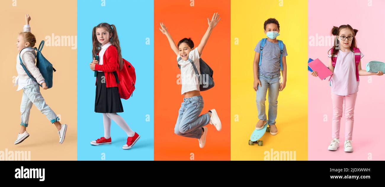 Set of cute schoolchildren on colorful background Stock Photo - Alamy